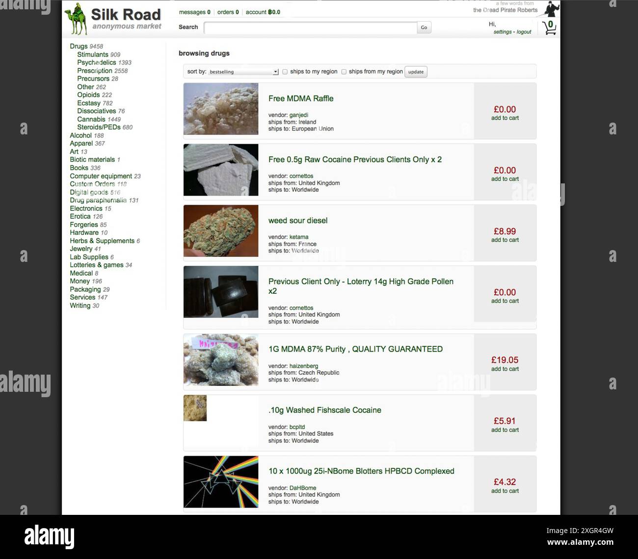 Screen grabs from black market places on the Dark Net Silk Road site that sells illegal services ...