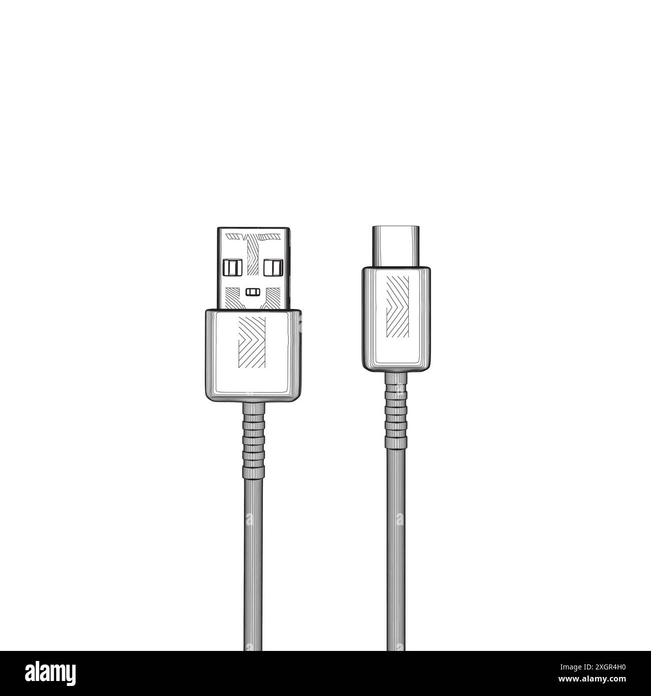Charging cable, wires with type-c and USB-A ports, contour vector black ...