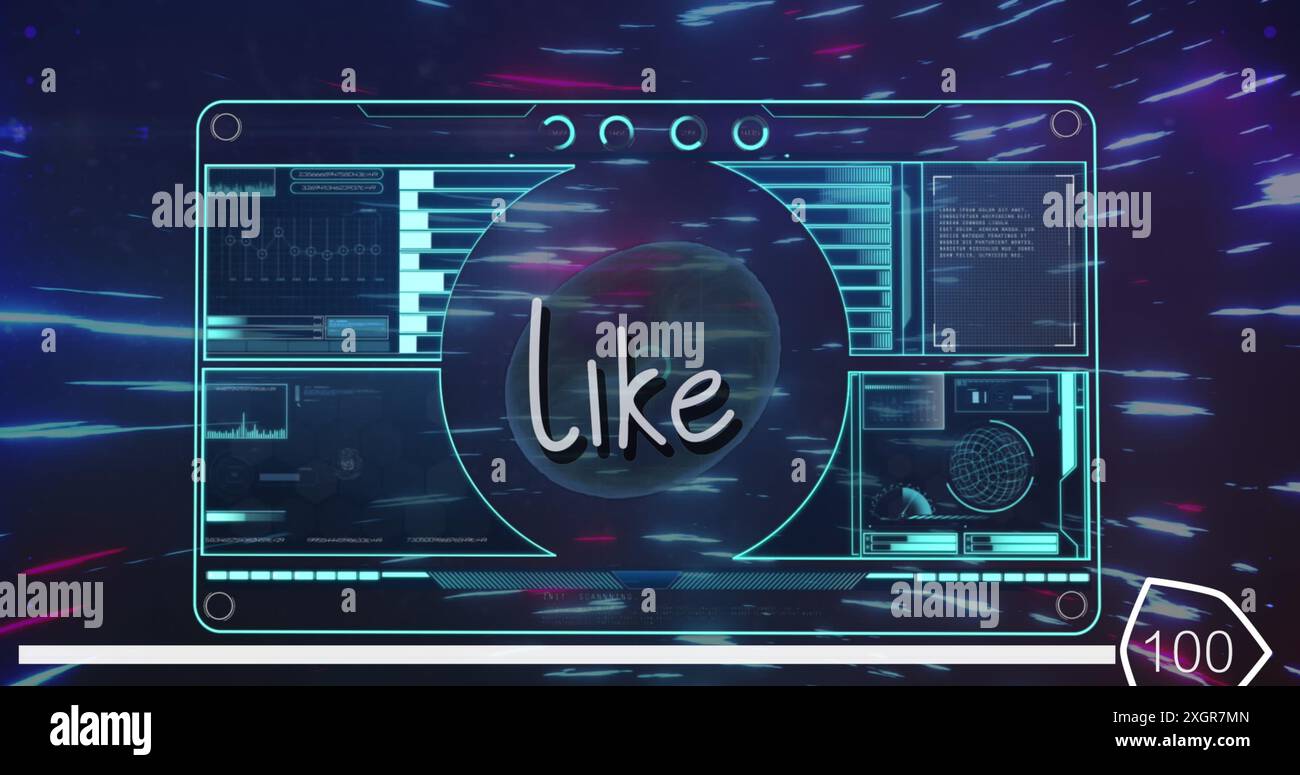 Like text and digital interface with data processing over light trails ...