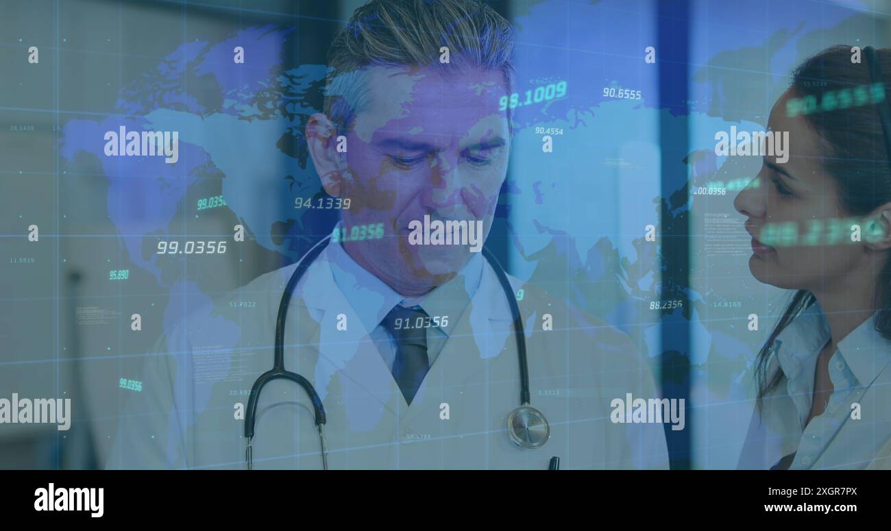 Image of data and world map over diverse female and male doctors ...