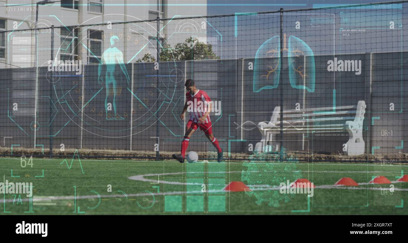 Image of interface processing data over biracial male footballer ball ...