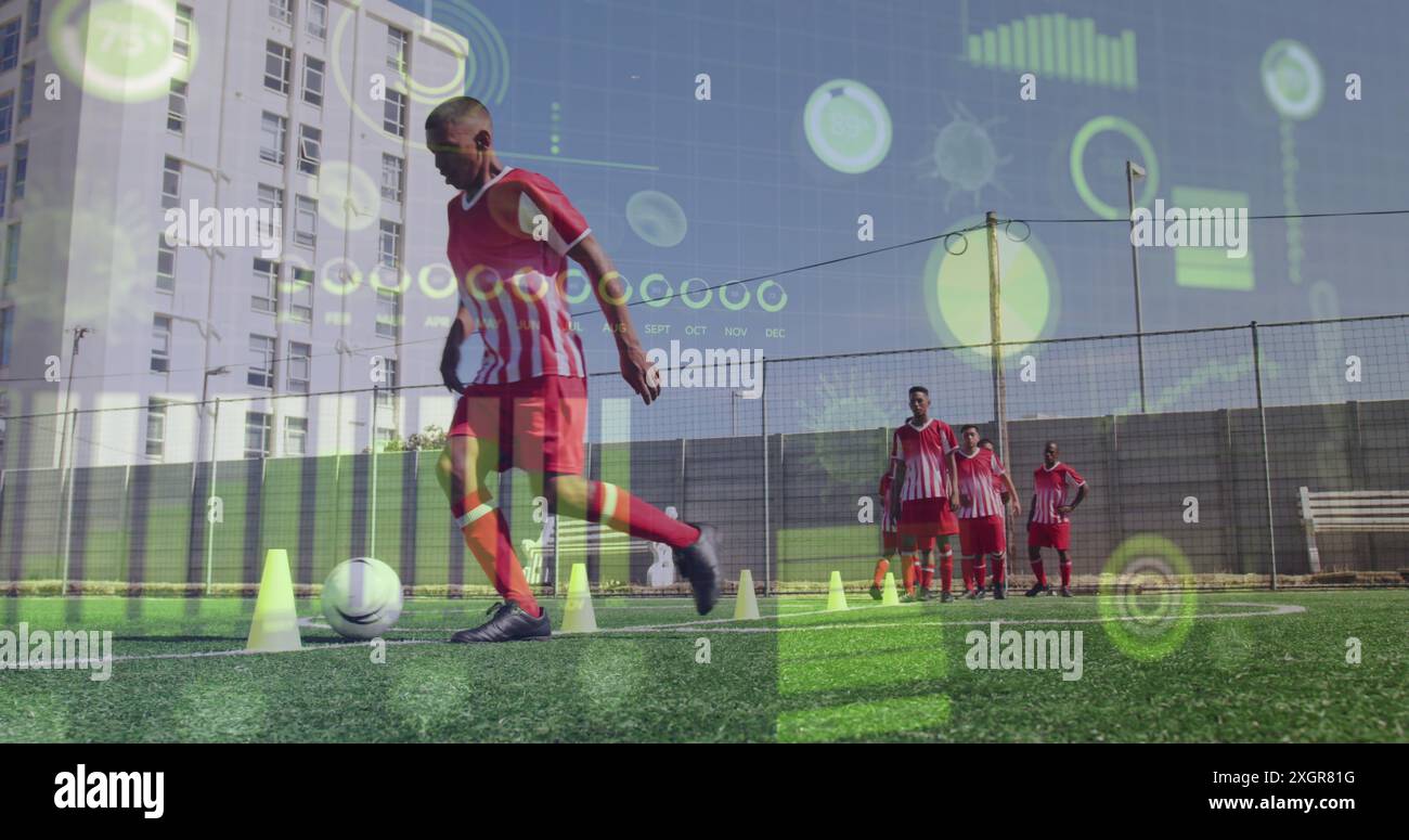 Image of interface processing data over biracial male footballer ...