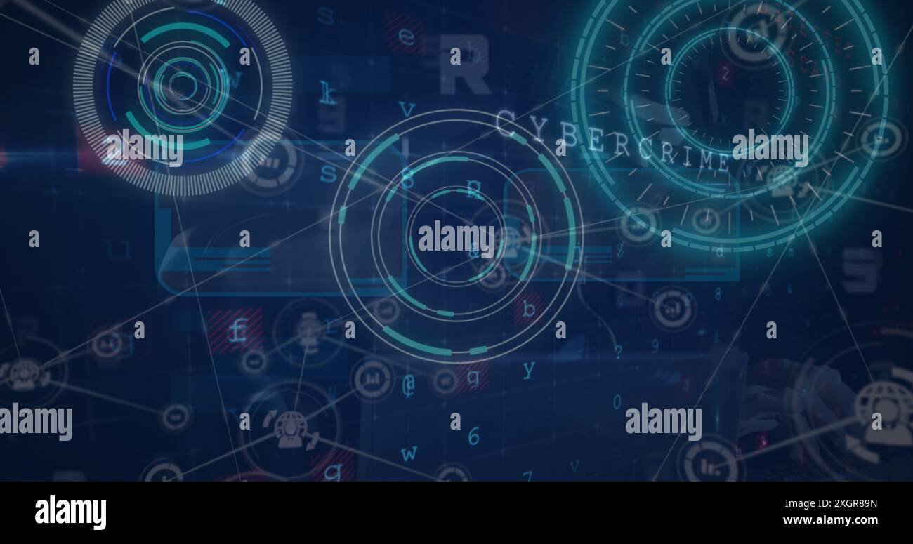 Image of digital circles and profile icons interconnecting with lines and text. Hologram ...