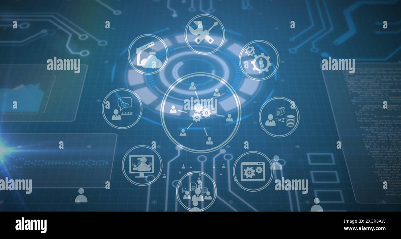 Image of tech icons and motherboard on blue digital screen. Network ...