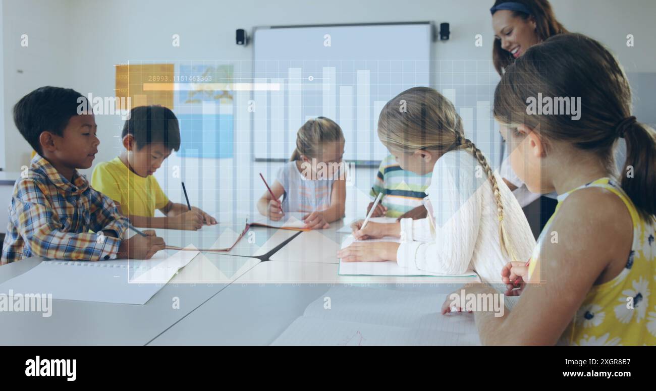 Image of bar graph over female teacher assisting multiracial students ...
