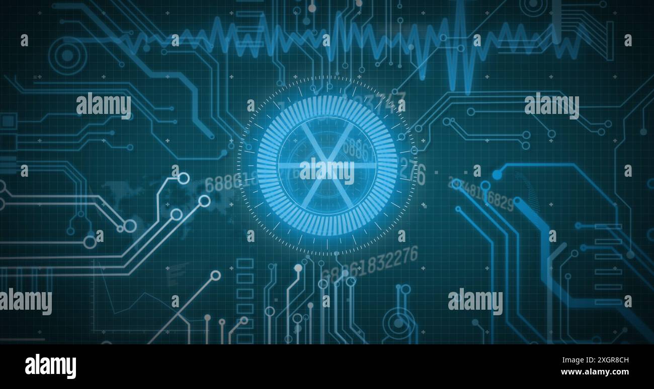 Image of data with hud processing, circles on digital interface. Digital composite, artificial ...