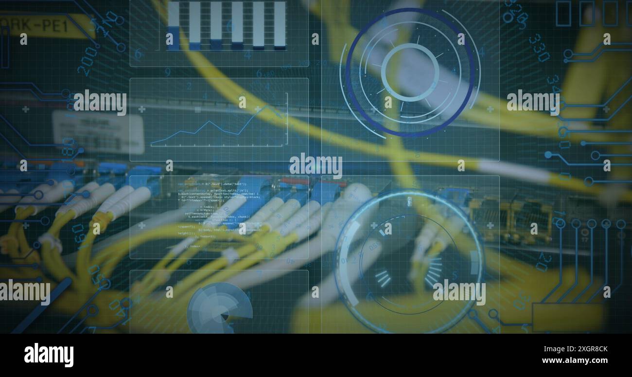 Image of infographic data, graphs, hud processing on digital interface against computer. Digital ...