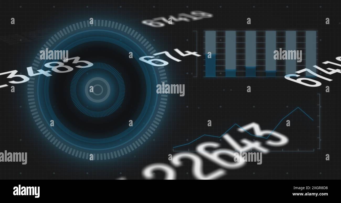 Image of numbers, graph with hud processing on digital interface. Digital composite, artificial ...