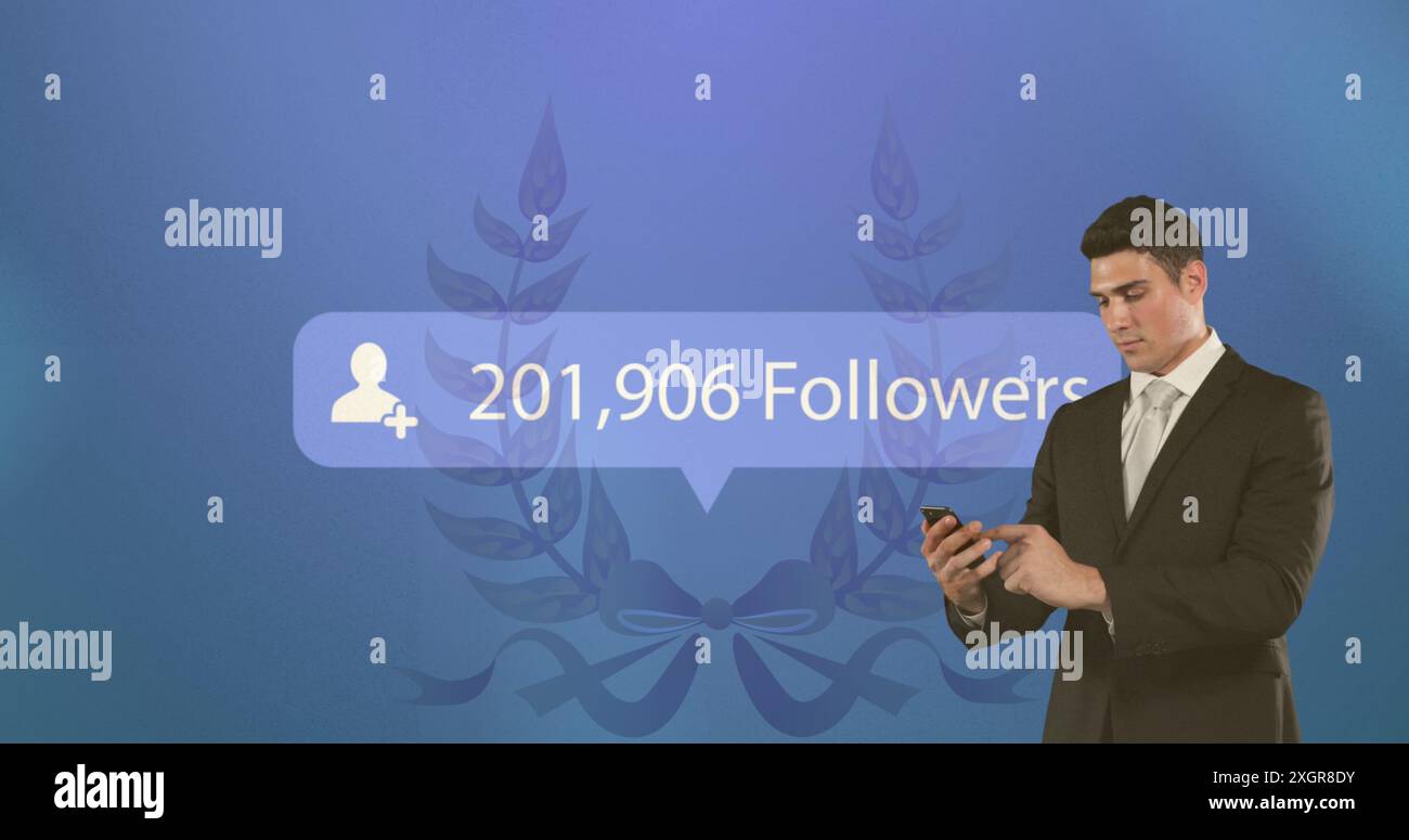 Image of caucasian businessman checking number of followers on phone ...