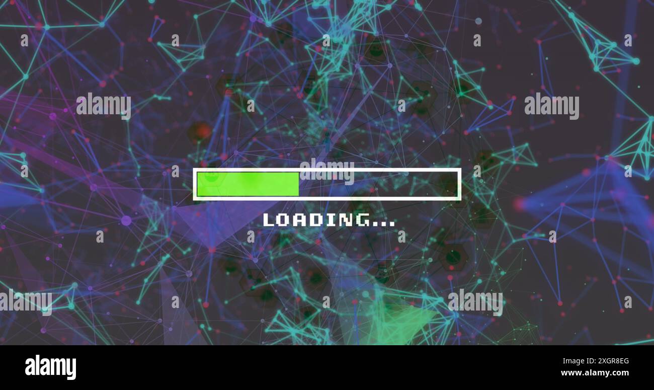 Image of data loading over line molecules connecting the dots. Digital composite, global ...