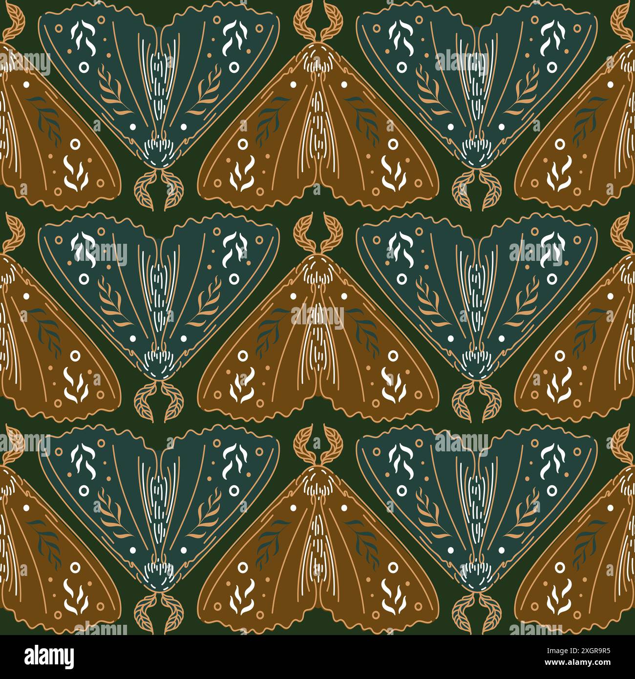 Elegant celestial seamless pattern with ferns. Boho magic background with space elements stars ...