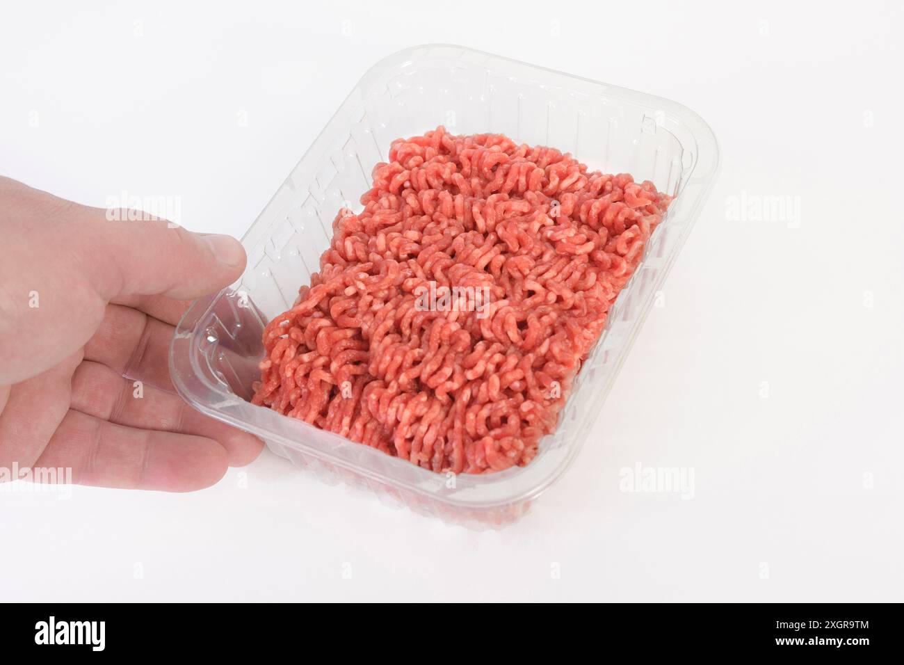 Ground beef in store-bought transparent plastic packaging. close up ...