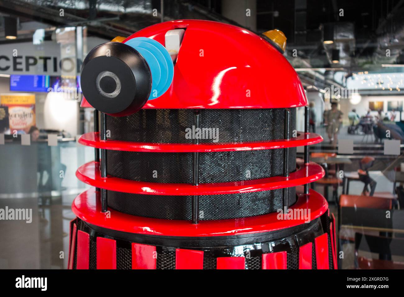 Closeup of a red and black Terry Nation extraterrestrial Dr Who Dalek ...