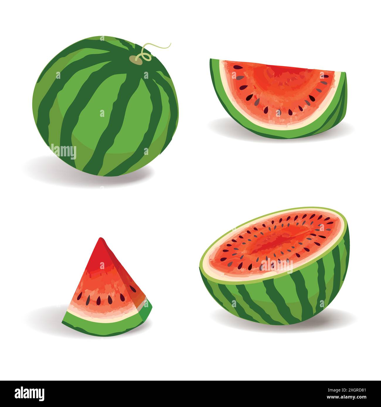 Watermelon set. Summer fruit juicy slice pieces and whole watermelon ...