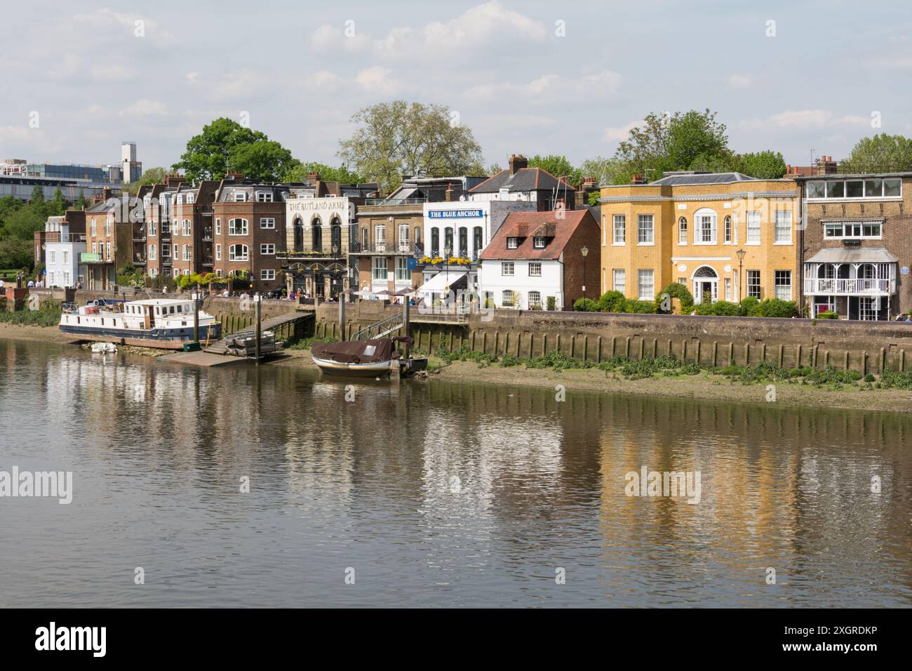 Riverside houses, reflections on Lower Mall, Hammersmith, West London ...