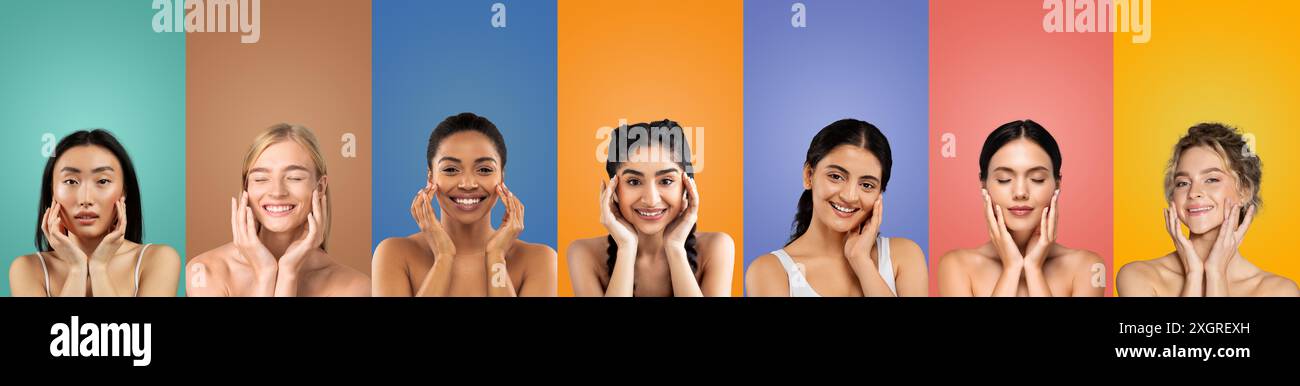 Diverse Group of Women Smiling Against Colorful Backgrounds Stock Photo ...