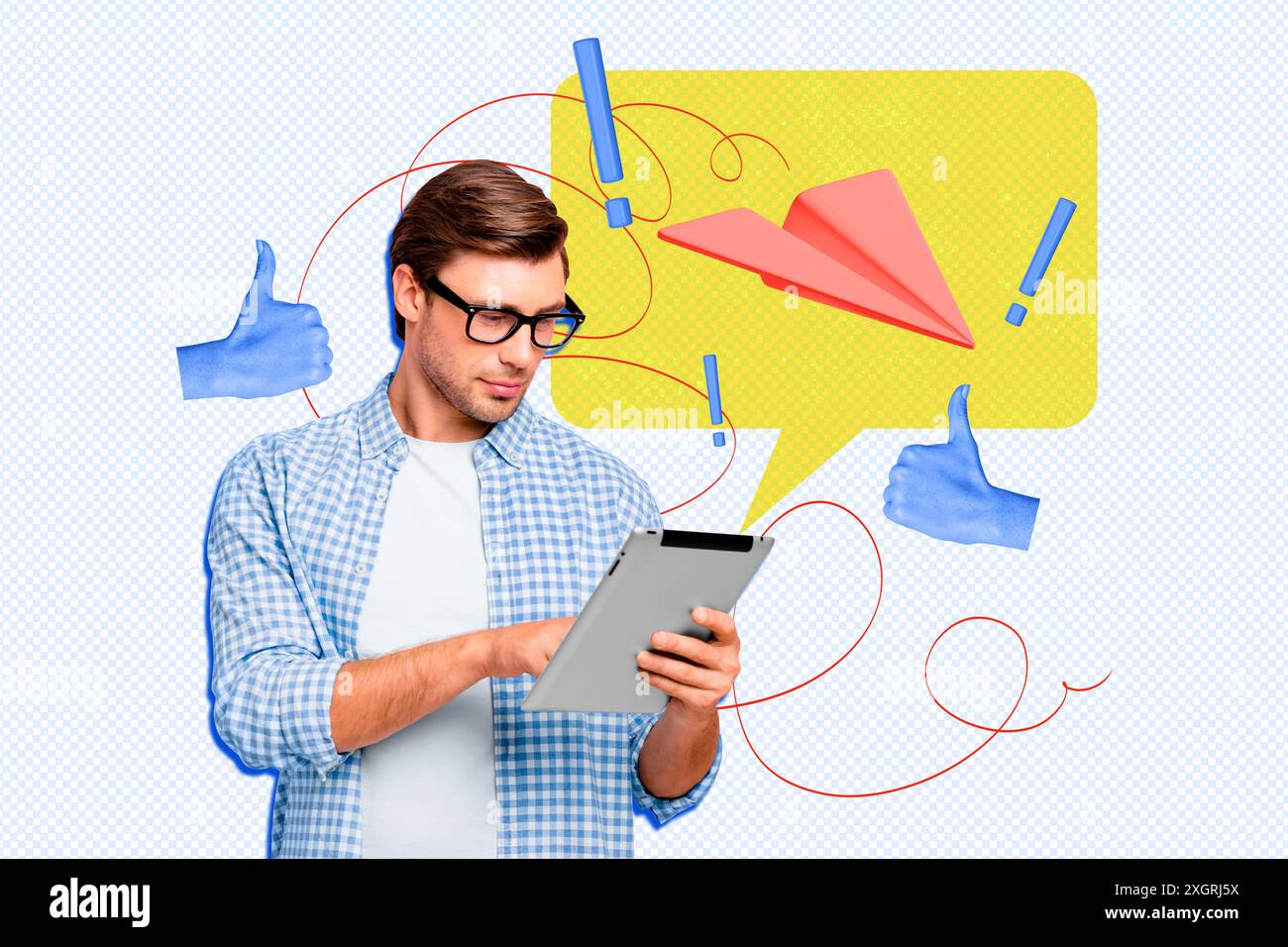 Composite photo collage of manager man hold ereader receive best mark ...