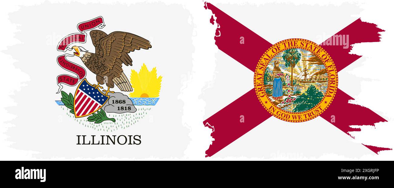 Florida and Illinois states grunge brush flags connection, vector Stock ...