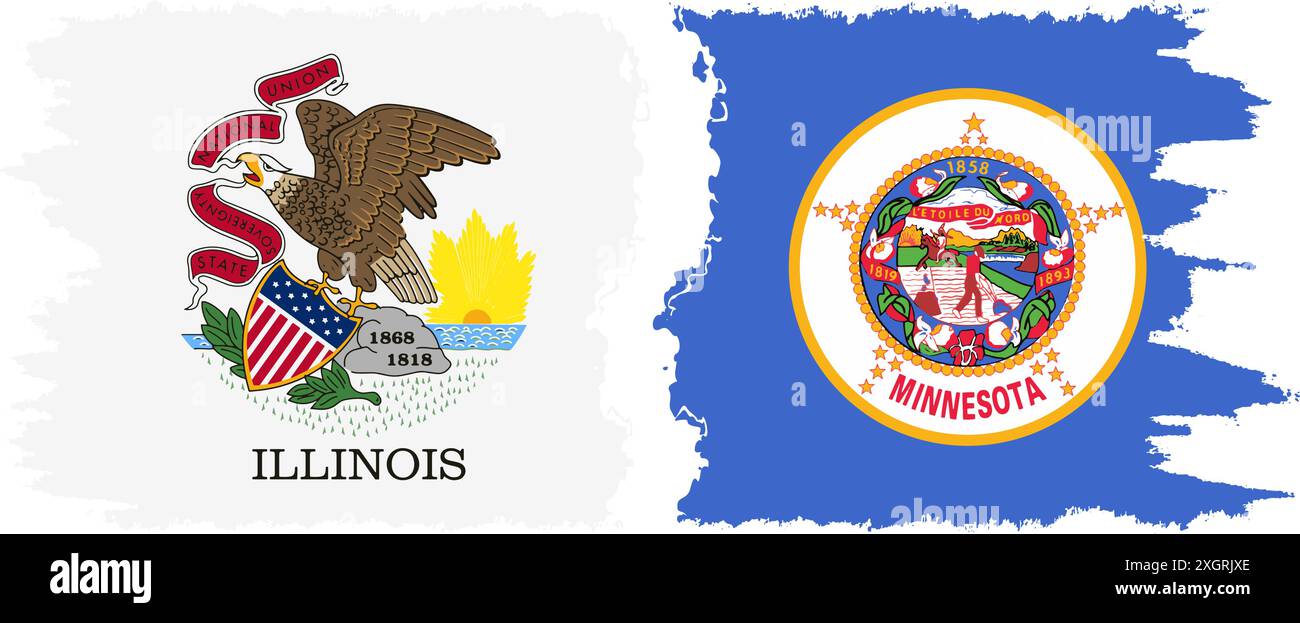 Minnesota and Illinois states grunge brush flags connection, vector old ...