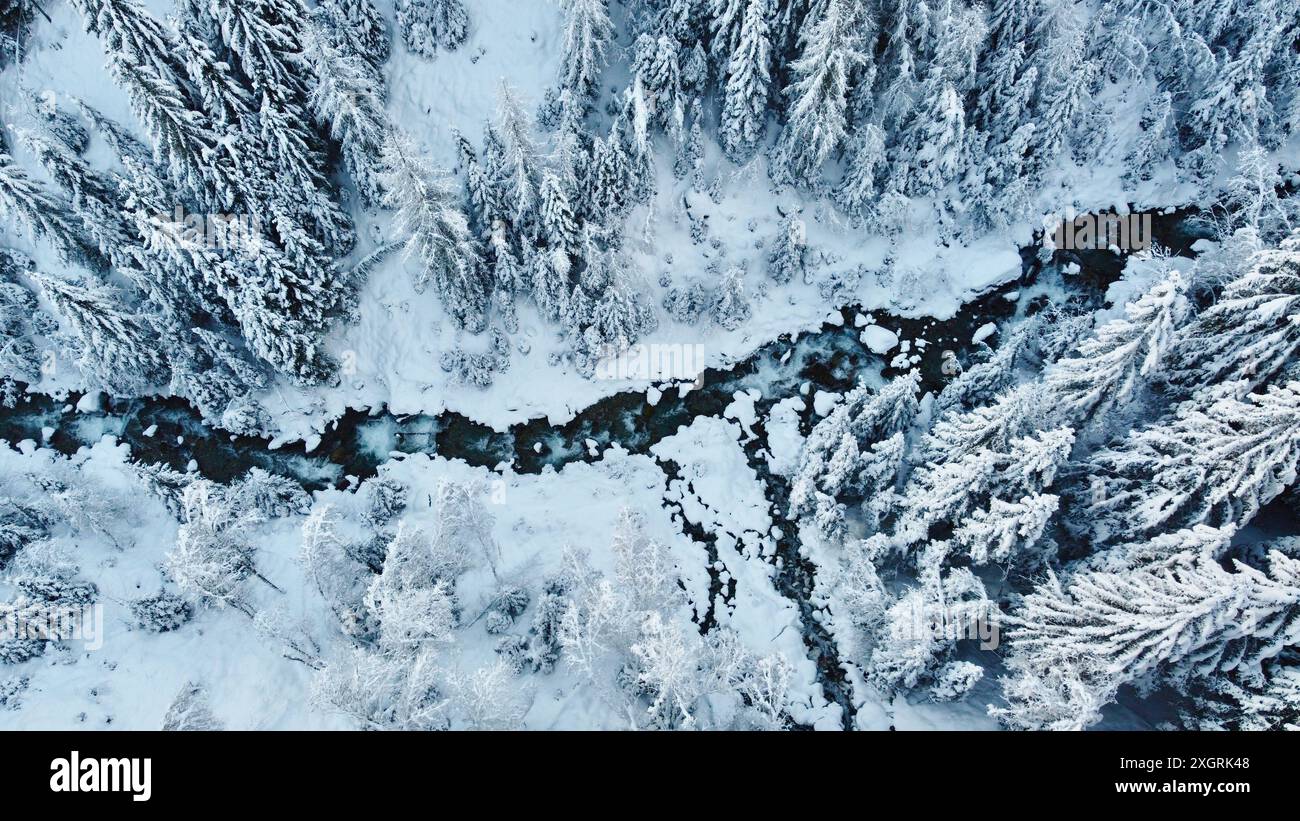 Aerial view drone forest winter river snow cold freezing white calming ...