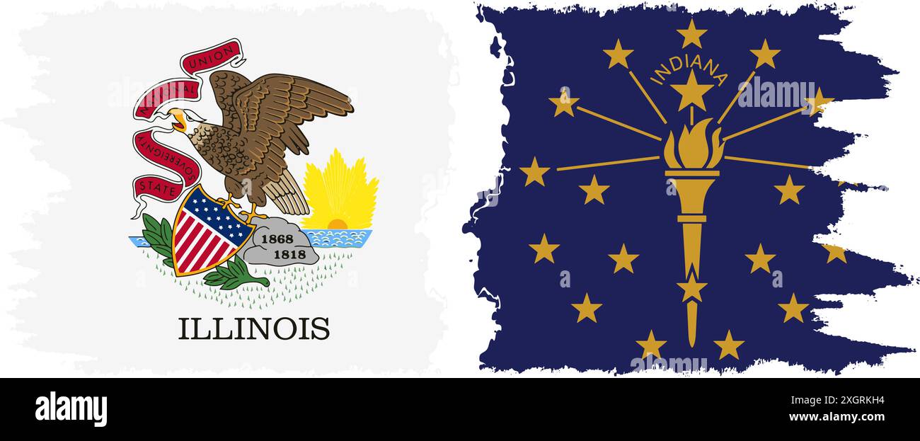 Indiana and Illinois states grunge brush flags connection, vector Stock ...