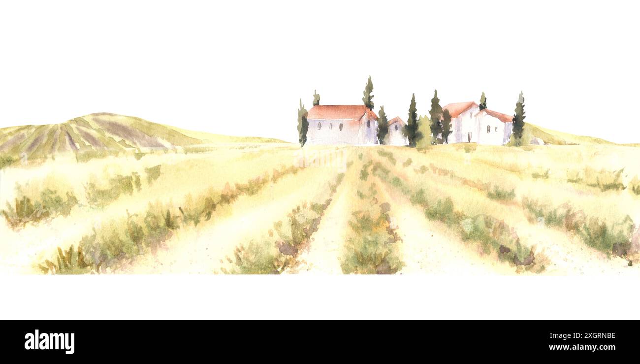 Landscape with harvest field, houses, trees, bushes and mountains ...