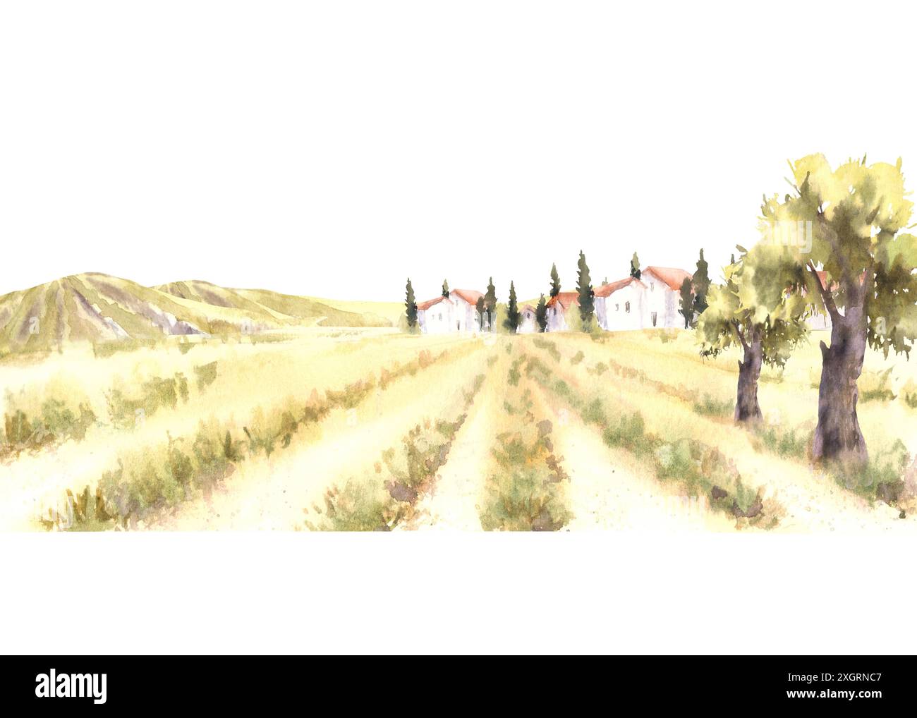 Landscape with orchards field, houses, trees, bushes and mountains and ...