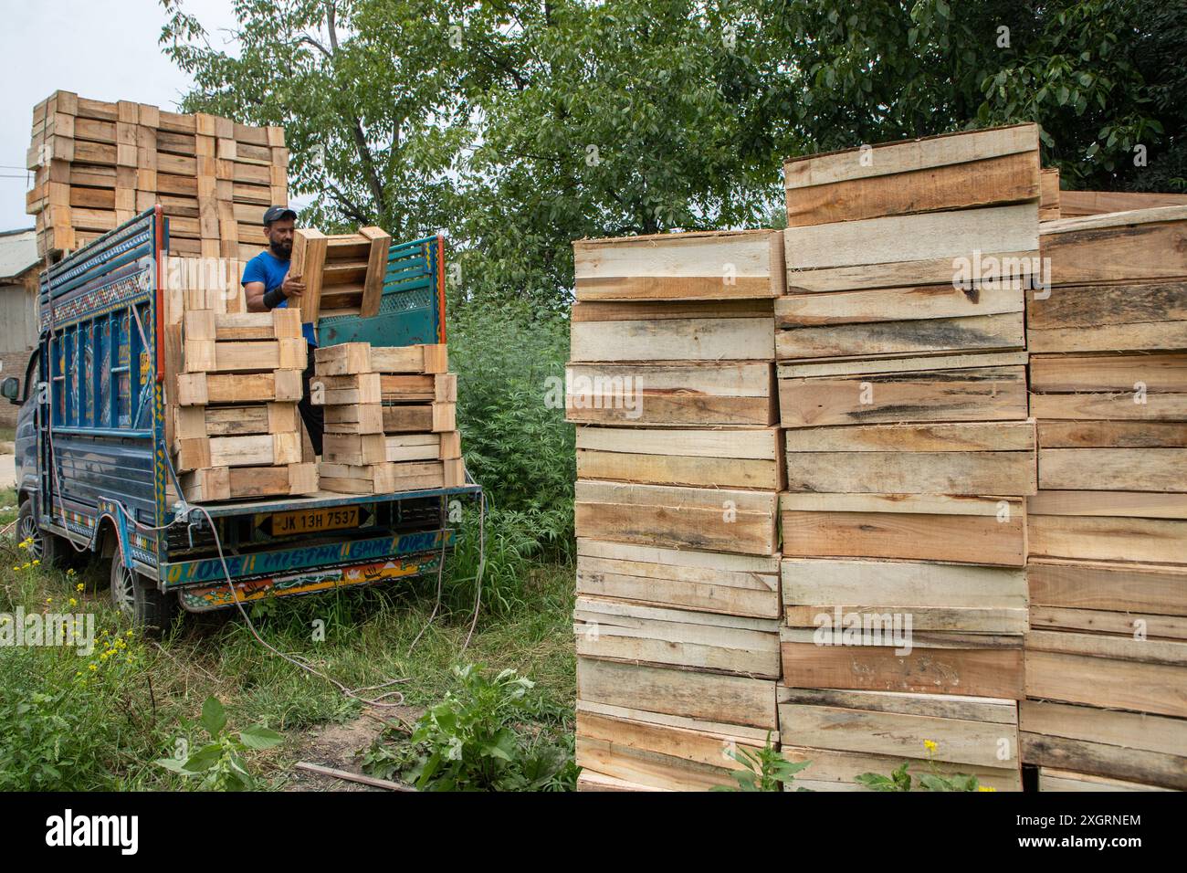 Budgam, India. 10th July, 2024. A Kashmir farmer unloading wooden boxes ...