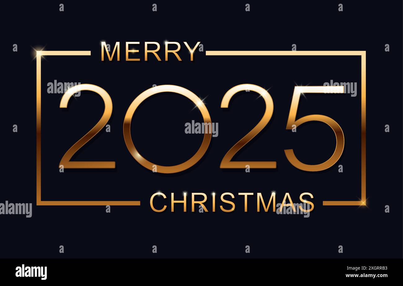 Merry Christmas and Happy New 2025 Year. Greeting Card. Elegant gold text with light ...