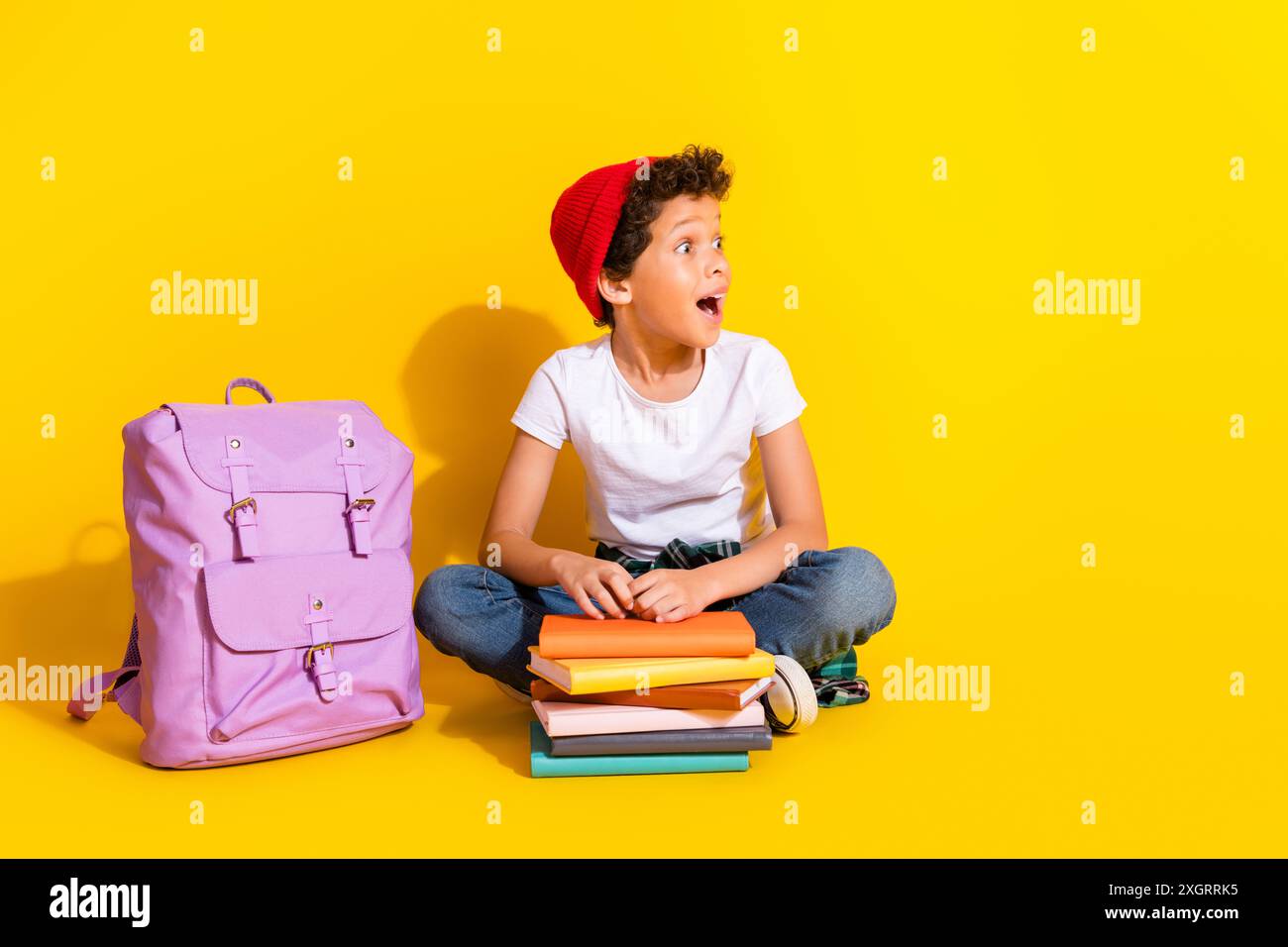 Full body photo of cute little boy look empty space books backpack ...