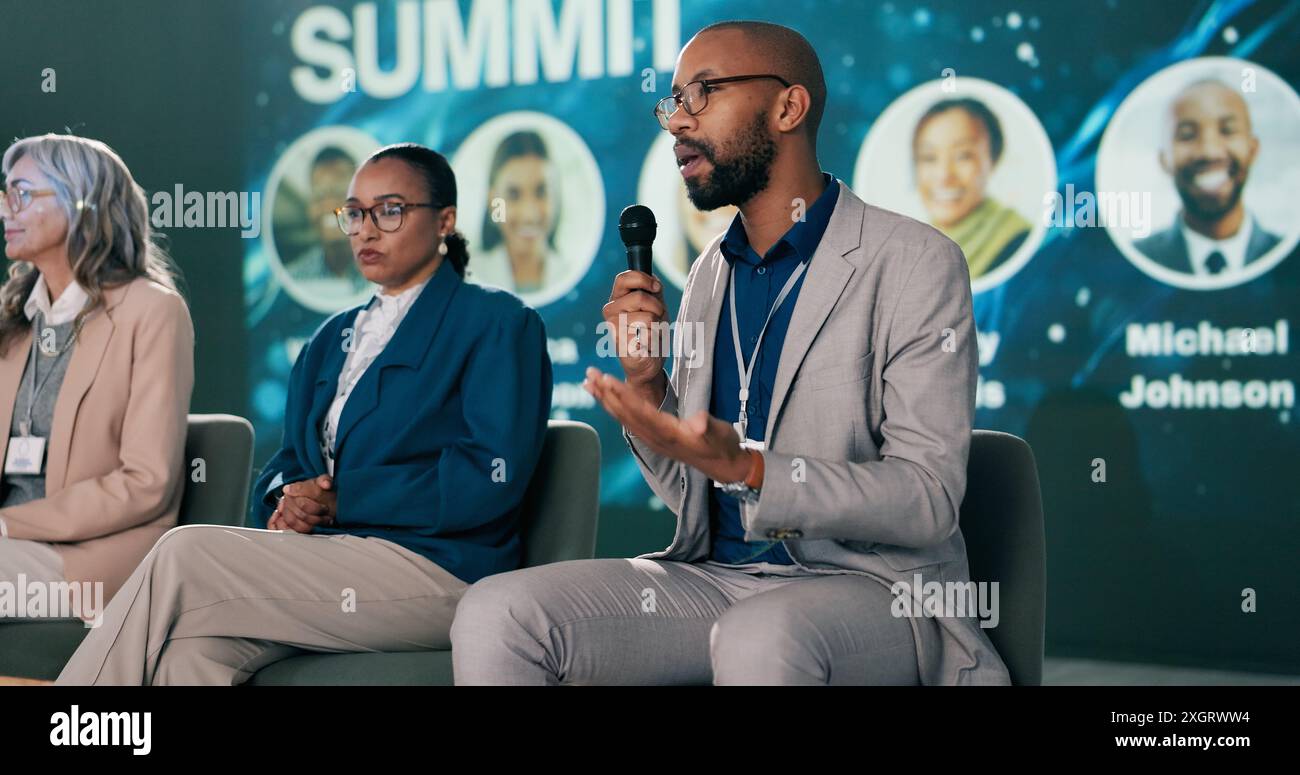 Stage, man and presenter at conference as event host, panel discussion ...