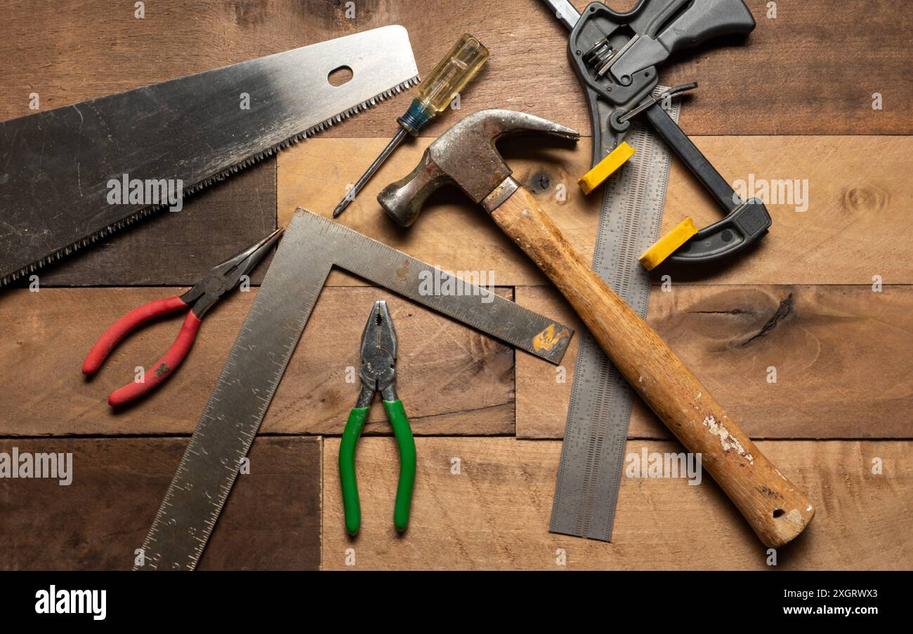 Stock photos of hand tools on rough wood background Stock Photo - Alamy