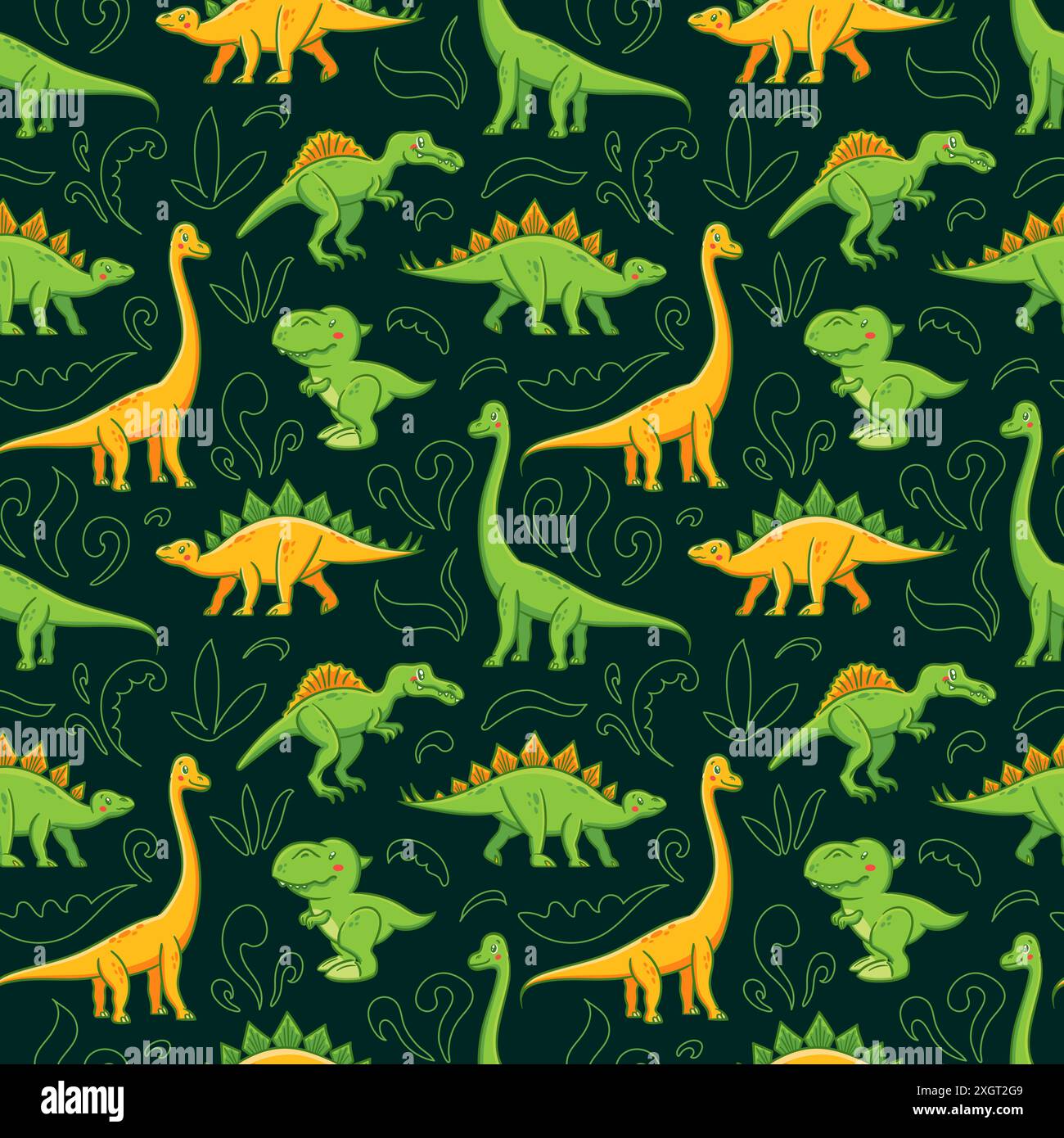 Seamless pattern of cute dinosaurs in Asian kawaii style. Tyrannosaurus ...