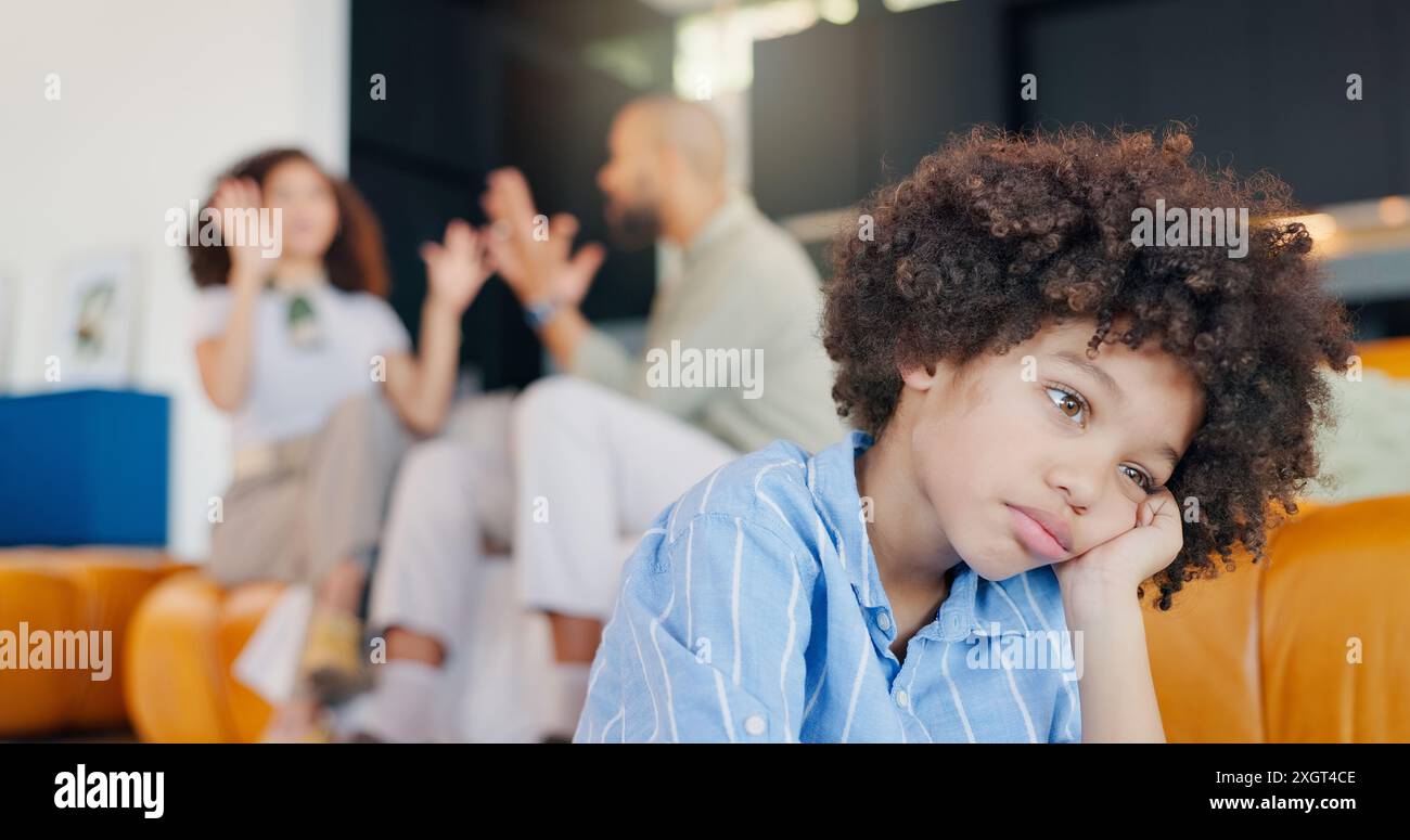 Divorce, parents conflict and sad child in home for relationship ...