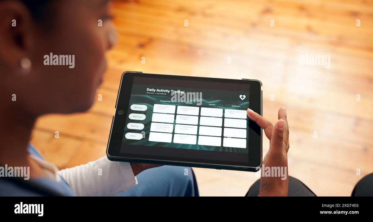 Woman, medical and tablet screen for health activity of daily schedule ...