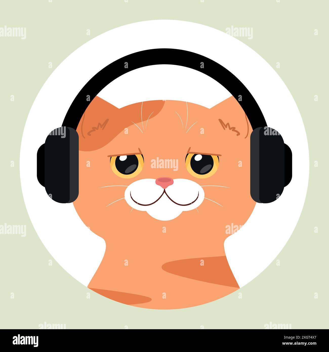 Cute red tabby cat in headphones. Cat listening to music or playing games. Cute cartoon ...