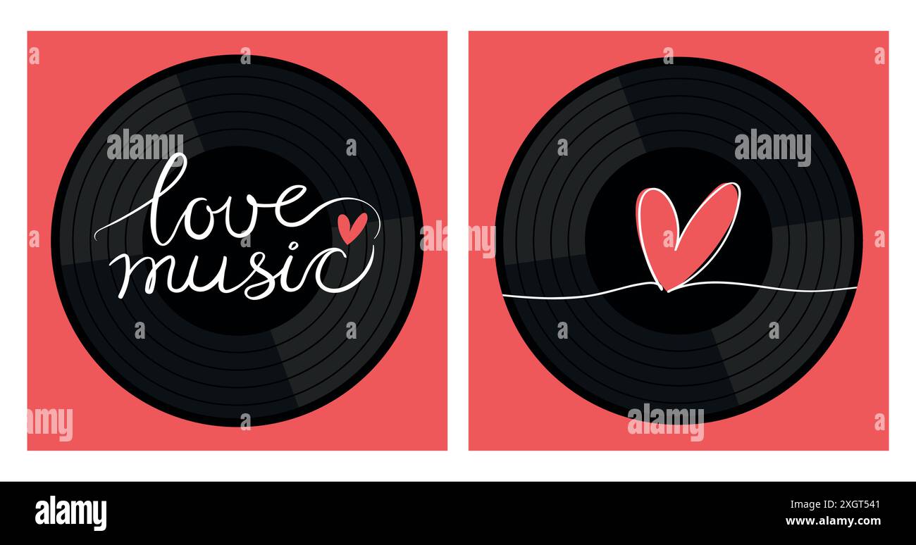 Vinyl record disk with heart and phrase Love music. Retro vintage ...