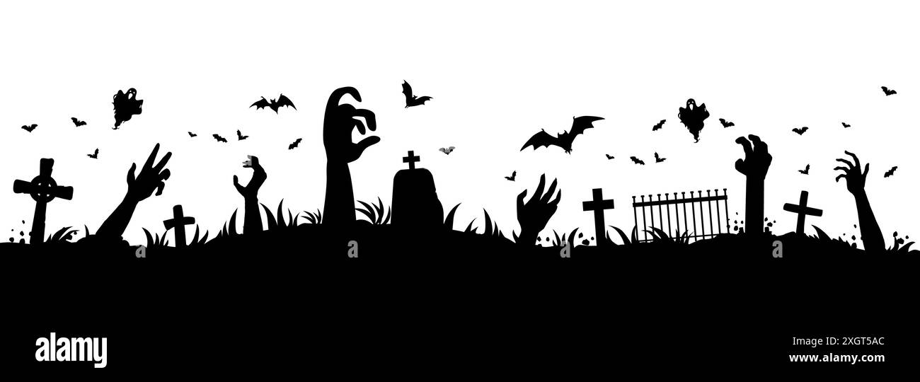 Zombie hands silhouettes on scary cemetery landscape. Autumn horror ...