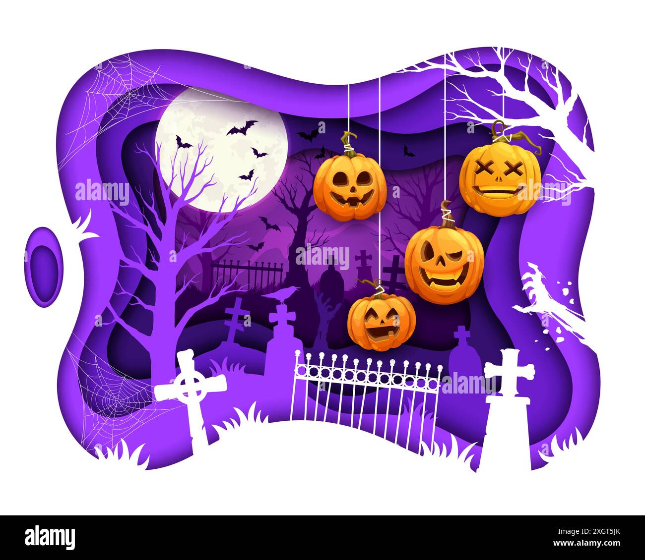 Halloween paper cut banner with cemetery and scary pumpkins. Fall ...