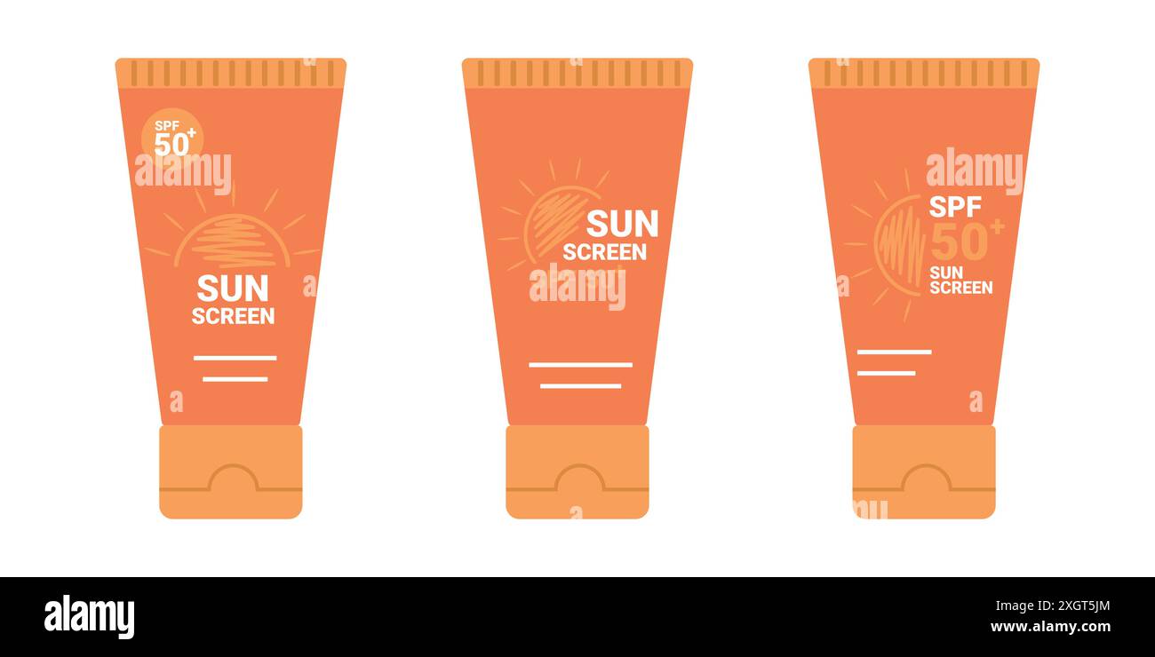 Tubes with sunscreen product. SPF summer skincare UV protection product design variations set ...