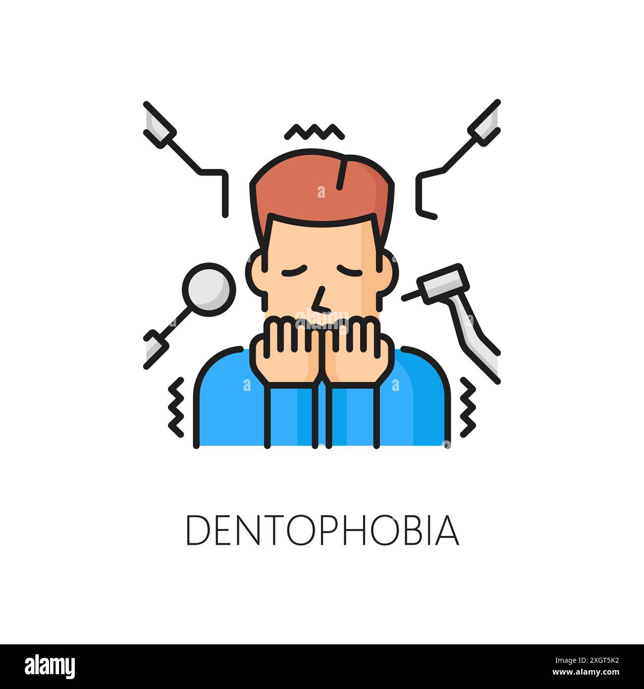 Human phobia icon of dentophobia or fear of dental treatment, vector ...