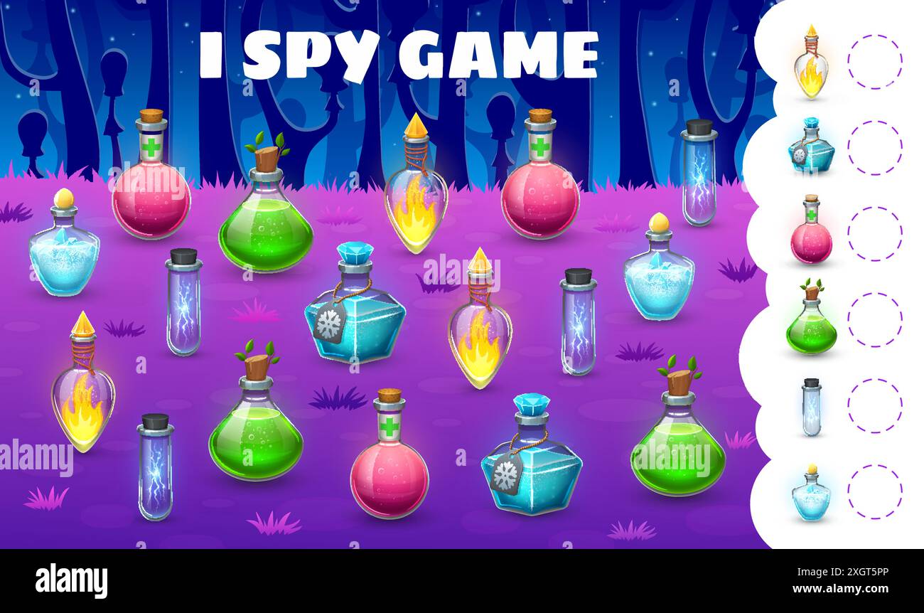 Halloween kids i spy game with witch magic potion bottles. Vector ...