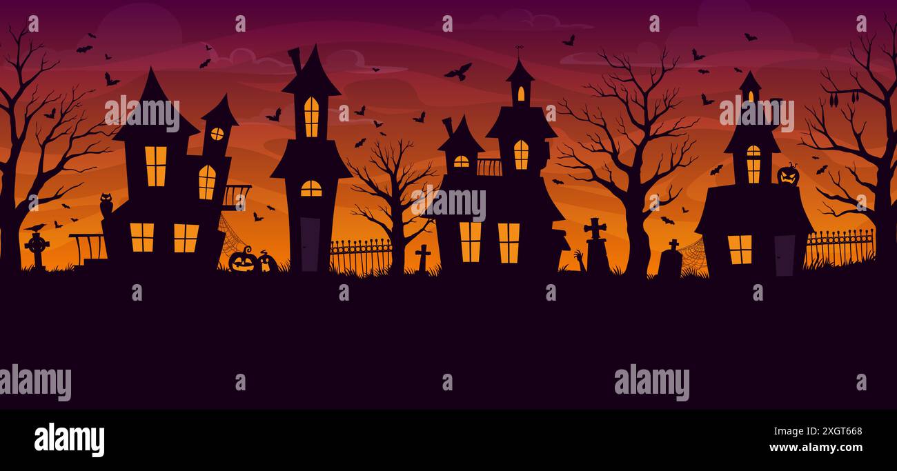 Halloween town silhouette with abandoned scary houses on cemetery ...