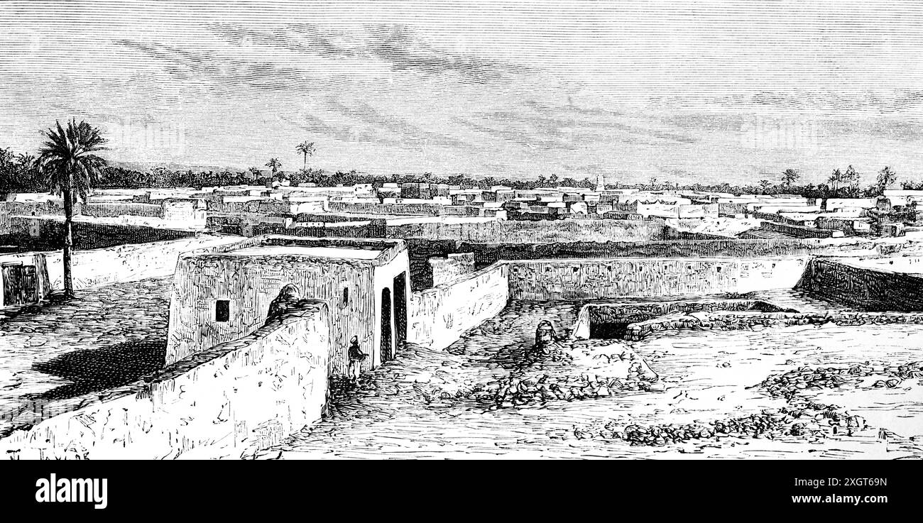 View of the Sahara oasis Ouargla, seen from the Kashba citadel, South ...