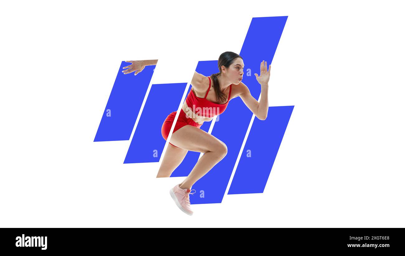 Female athlete in red sportswear sprinting through geometric blue bars ...