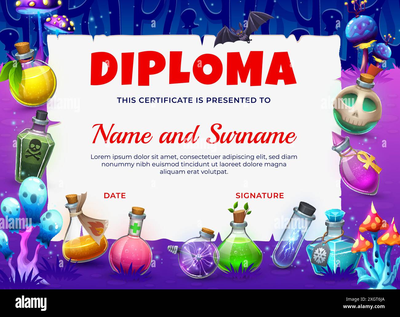 Witch diploma with Halloween magic potion bottles in fairytale forest ...