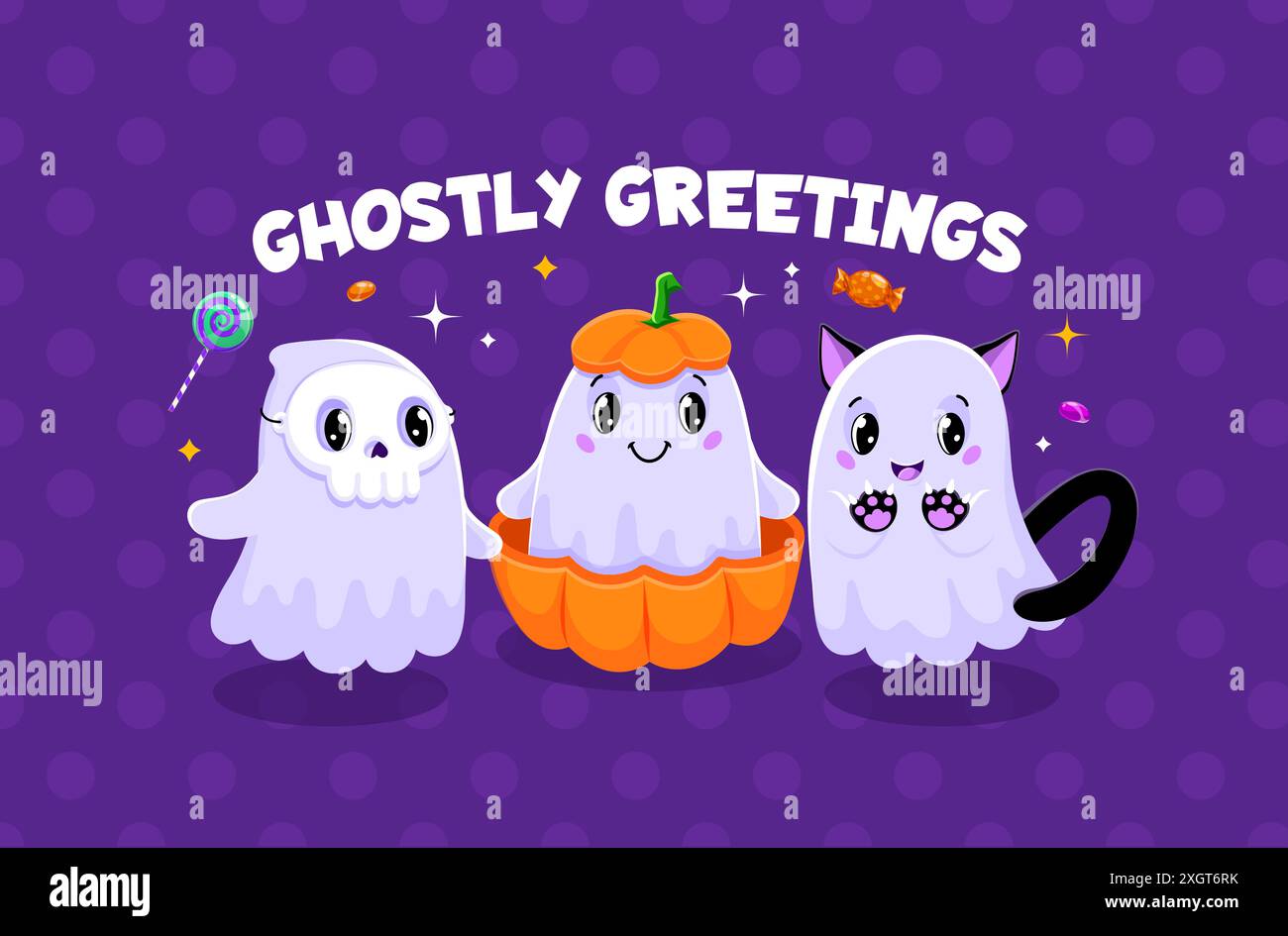 Halloween ghostly greetings with kawaii ghost characters for holiday ...