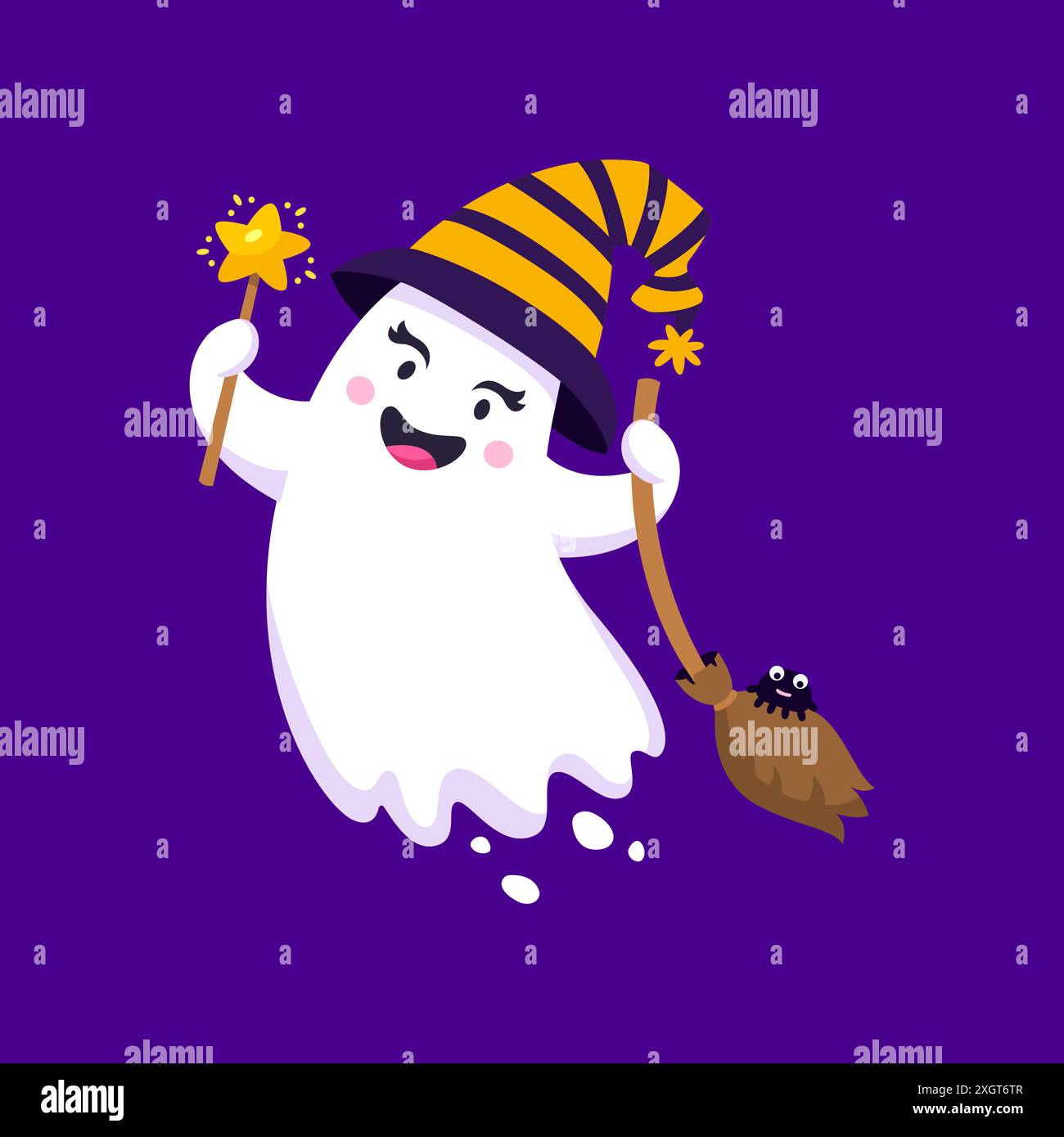 Funny cartoon Halloween kawaii ghost character with witch hat, broom ...
