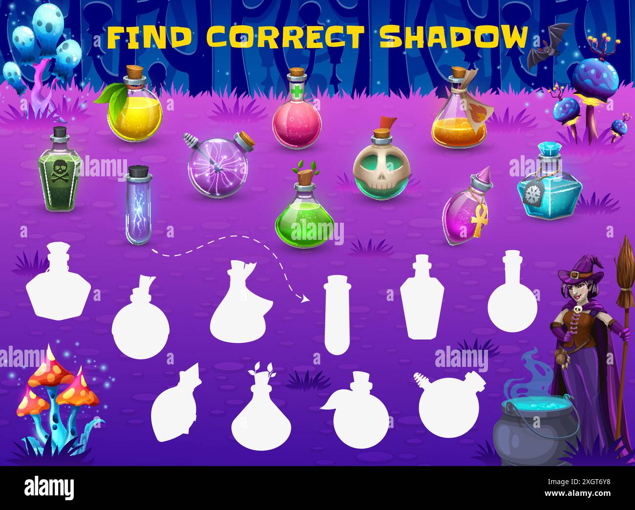 Find correct shadow of Halloween potion bottles, kids game worksheet ...