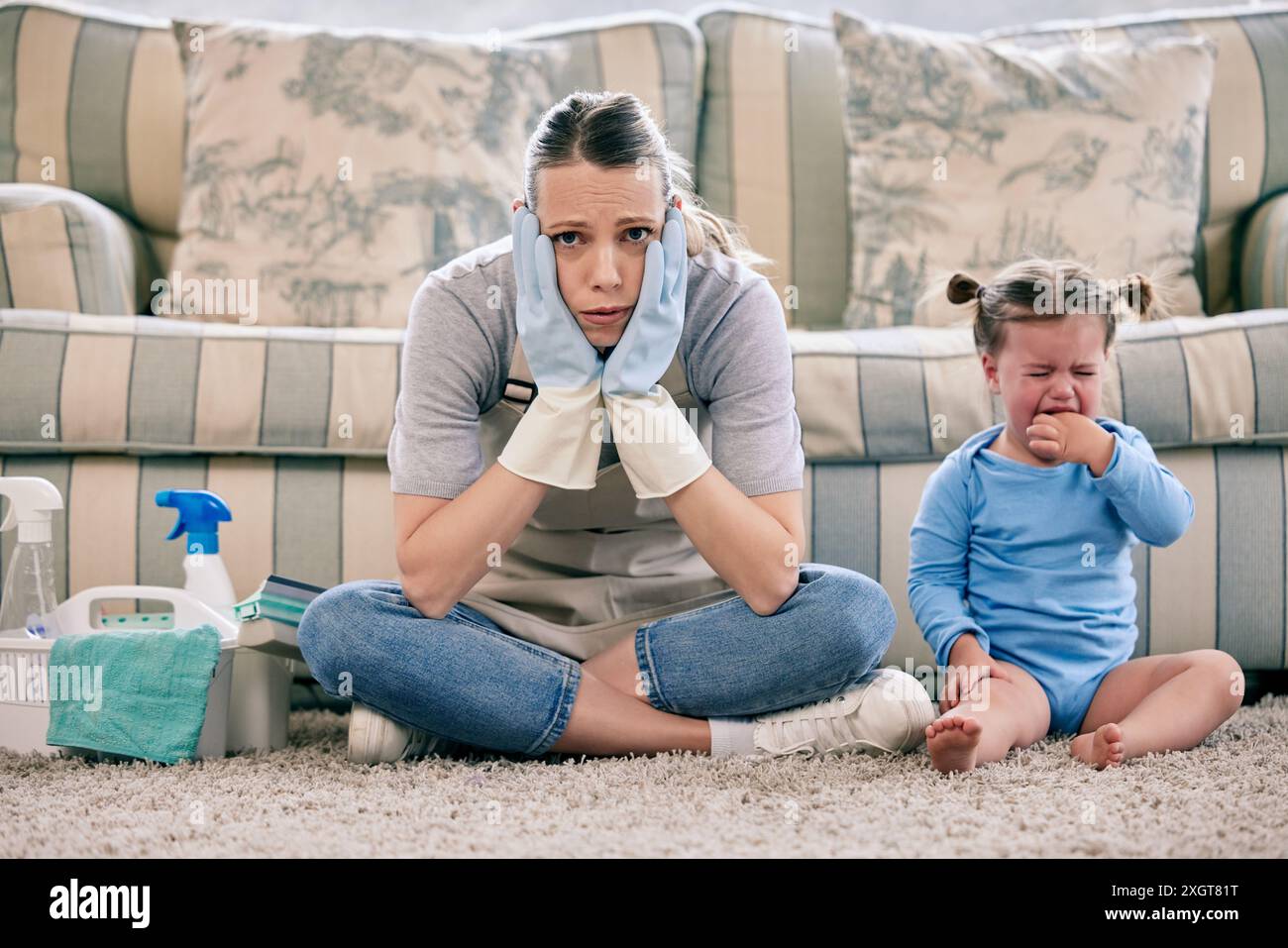 Woman, chores and crying baby in home, portrait and stress for ...